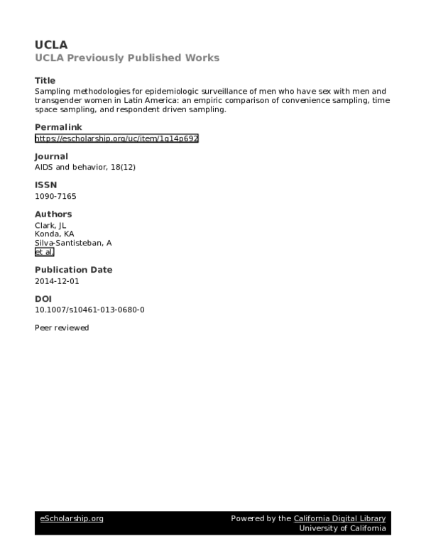 Pdf Sampling Methodologies For Epidemiologic Surveillance Of Men Who Have Sex With Men And