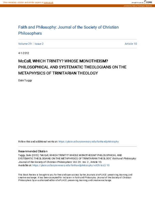 (PDF) Thomas McCall, WHICH TRINITY? WHOSE MONOTHEISM? PHILOSOPHICAL AND ...