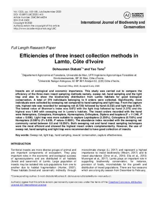 (PDF) Efficiencies of three insect collection methods in Lamto, Cte dIvoire