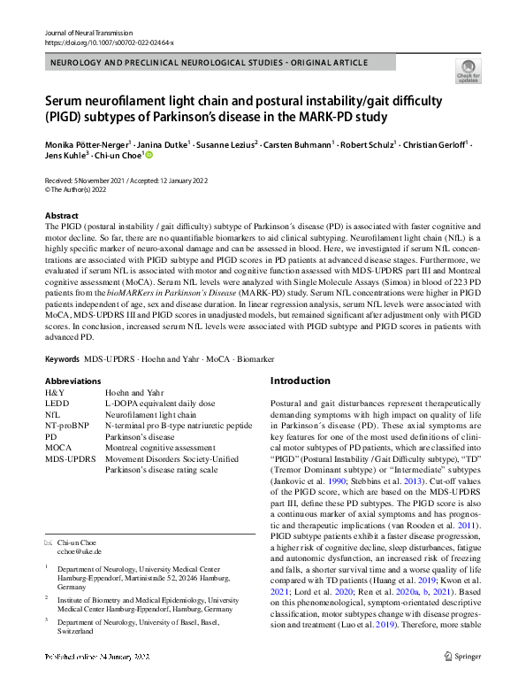 (PDF) Serum neurofilament light chain and postural instability/gait difficulty (PIGD) subtypes ...