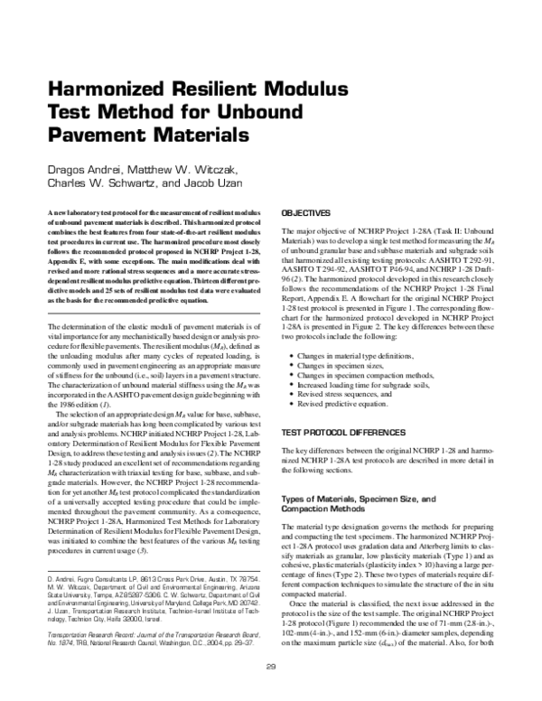 (PDF) Harmonized Resilient Modulus Test Method for Unbound Pavement ...