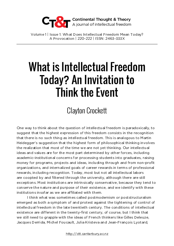 (PDF) What is Intellectual Freedom Today? An Invitation to Think the Event