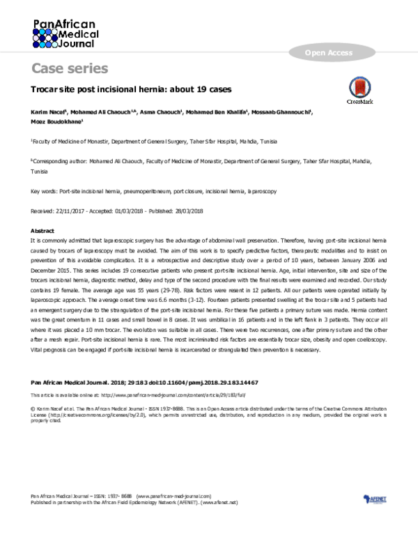 (PDF) Trocar site post incisional hernia: about 19 cases