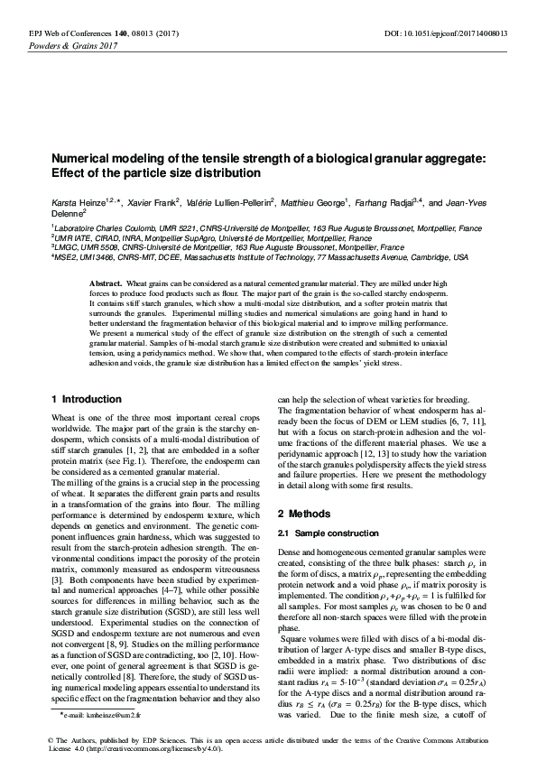 (PDF) Numerical modeling of the tensile strength of a biological granular aggregate: Effect of ...