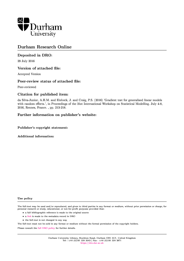 Pdf Gradient Test For Generalised Linear Models With Random Effects