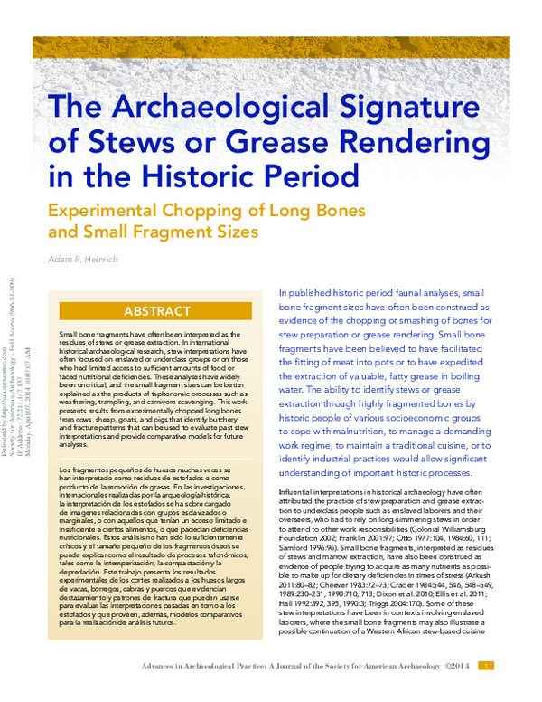 (PDF) The Archaeological Signature of Stews or Grease Rendering in the Historic Period