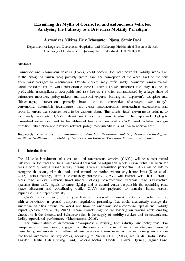 (PDF) Examining the myths of connected and autonomous vehicles ...