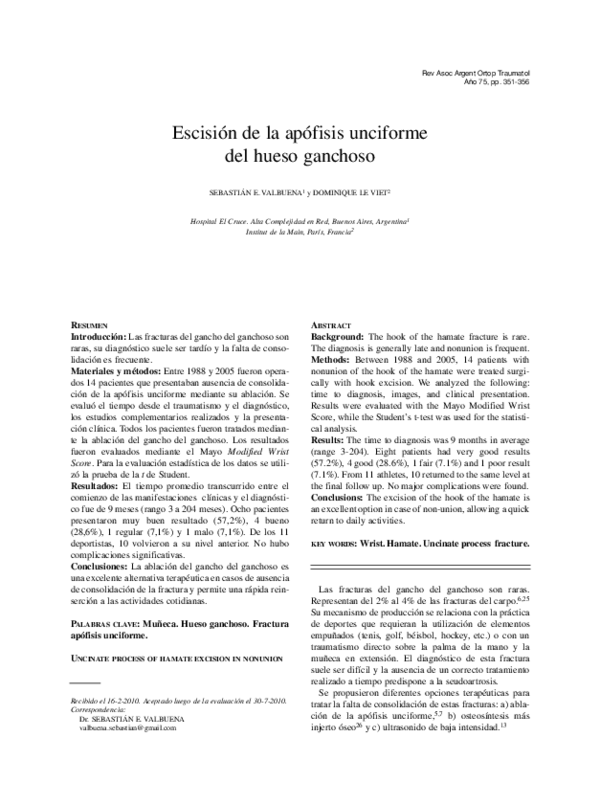 (PDF) Escisión de la apófisis unciforme del hueso ganchoso