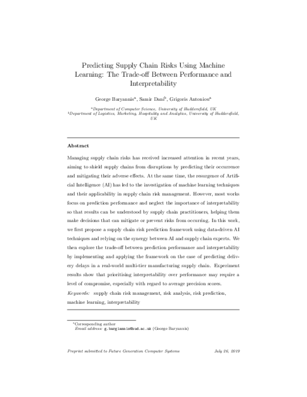 (PDF) Predicting supply chain risks using machine learning: The trade-off between performance ...