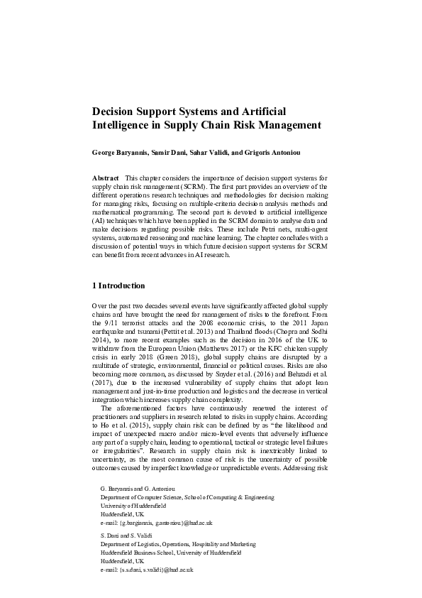 (PDF) Decision Support Systems and Artificial Intelligence in Supply Chain Risk Management