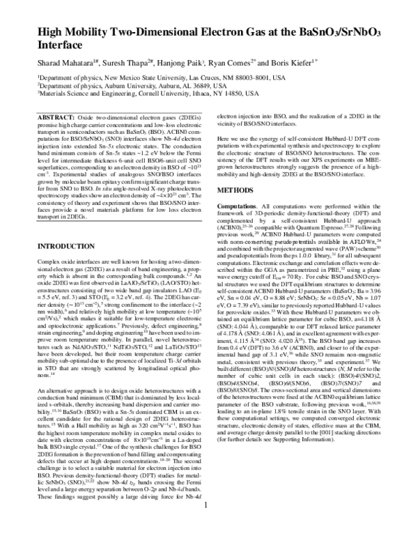 (PDF) High Mobility Two-Dimensional Electron Gas at the BaSnO3/SrNbO3 Interface