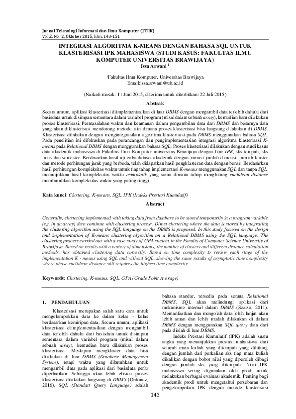 (PDF) Integrasi Algoritma K-Means Dengan Bahasa SQL Untuk Klasterisasi ...