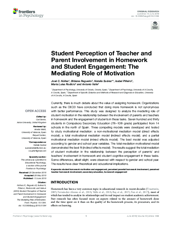 (PDF) Student Perception of Teacher and Parent Involvement in Homework and Student Engagement ...