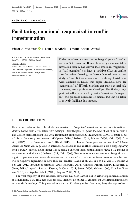(PDF) Facilitating emotional reappraisal in conflict transformation