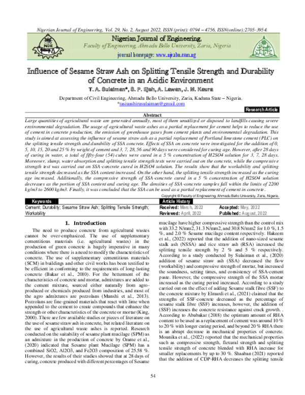 (PDF) Influence of Sesame Straw Ash on Splitting Tensile Strength and ...