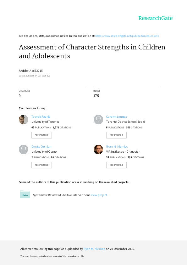 (PDF) Assessment of Character Strengths in Children and Adolescents