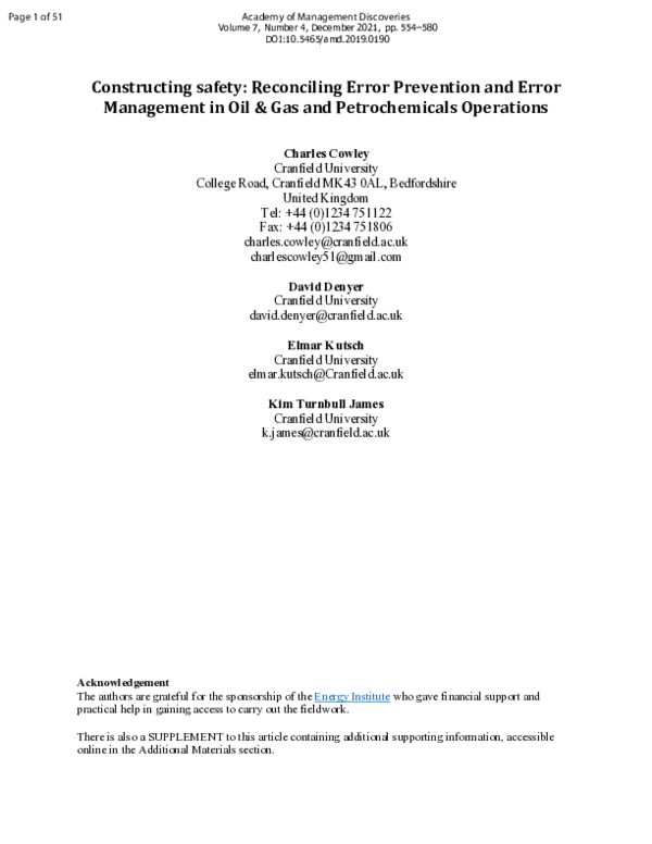 (PDF) Constructing Safety: Reconciling Error Prevention and Error ...