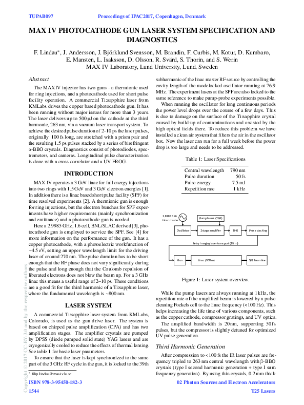 (PDF) MAXIV Photocathode Gun Laser System Specification and Diagnostics
