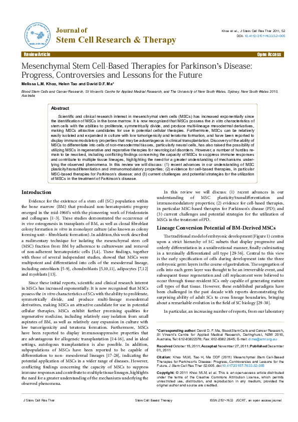 (PDF) Mesenchymal Stem Cell-Based Therapies for Parkinson’s Disease: Progress, Controversies and ...