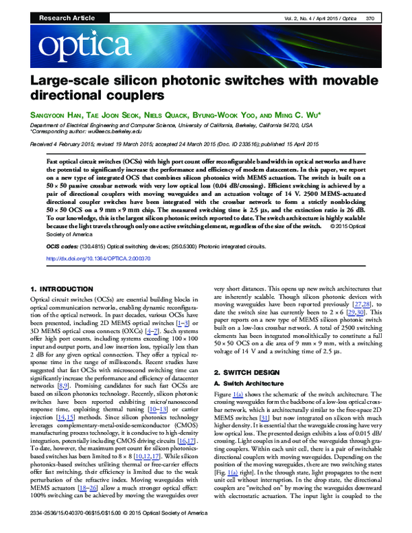 Pdf Large Scale Silicon Photonic Switches With Movable Directional