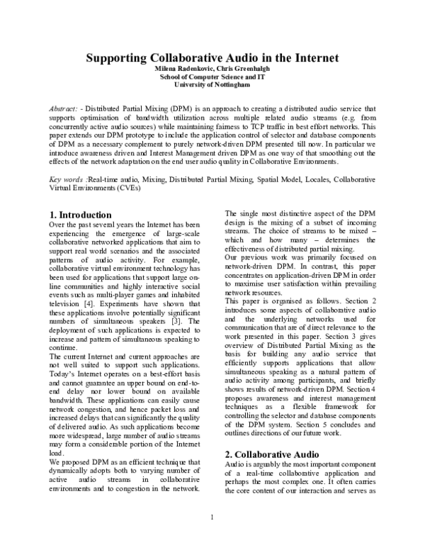 (PDF) Supporting Collaborative Audio in the Internet