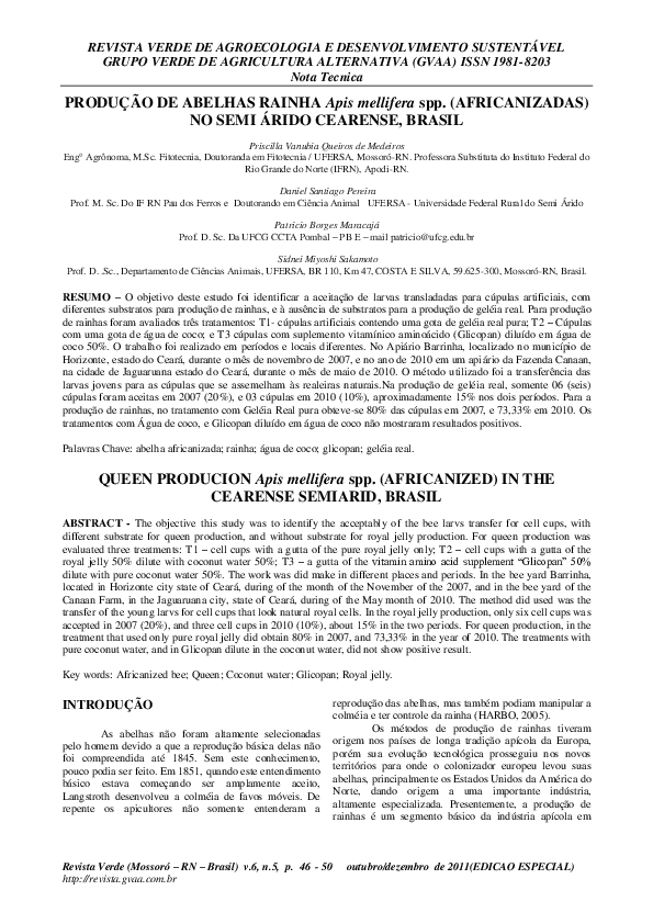 (PDF) PRODUÇÃO DE ABELHAS RAINHA Apis mellifera spp. (Africanizadas) NO ...