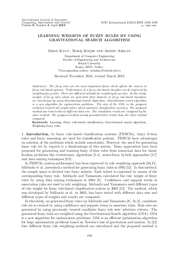 Pdf Learning Weights Of Fuzzy Rules By Using Gravitational Search Algorithm Ersin Kaya