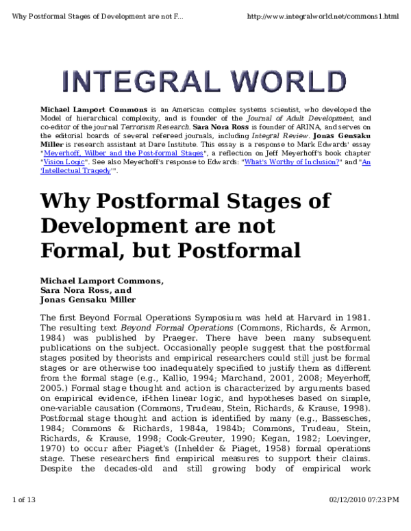 (PDF) Why Postformal Stages of Development are not Formal, but ...