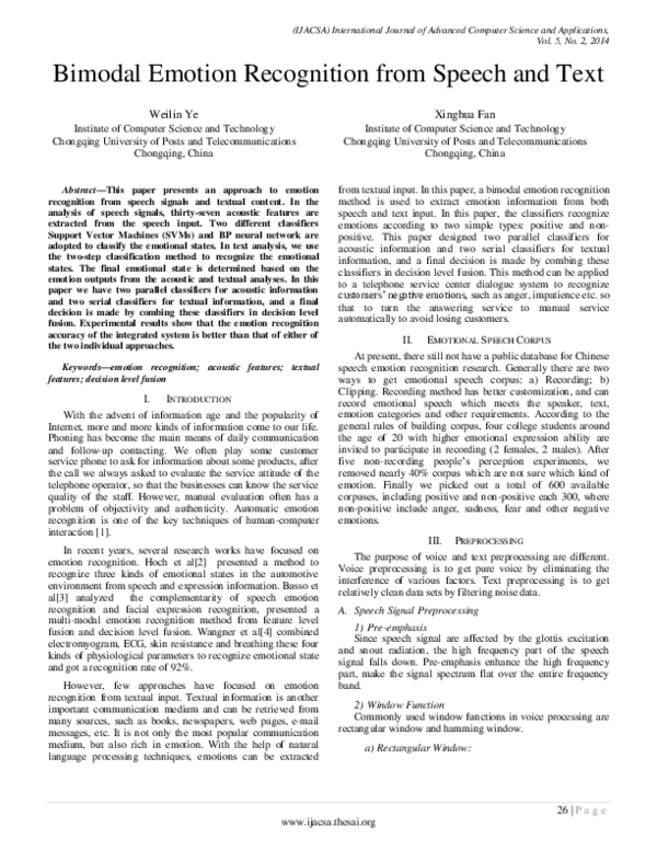 (PDF) Bimodal Emotion Recognition from Speech and Text | Weilin Ye - Academia.edu