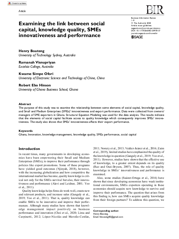 (PDF) Examining the link between social capital, knowledge quality, SMEs innovativeness and ...