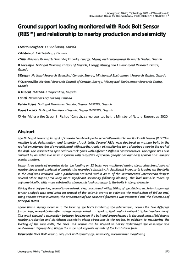 (PDF) Ground support loading monitored with Rock Bolt Sensor (RBS™) and relationship to nearby ...