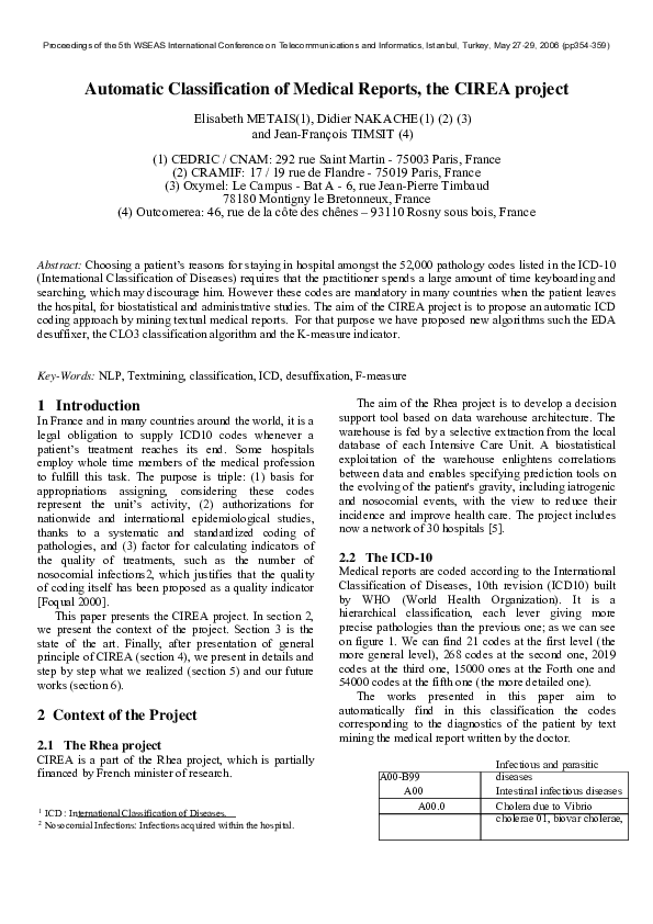 (PDF) Automatic classification of medical reports, the CIREA project
