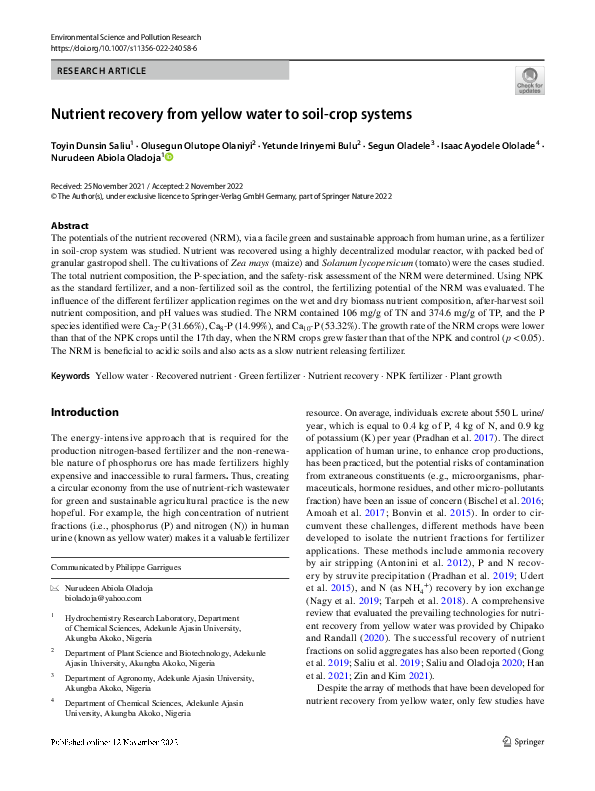 (PDF) Nutrient recovery from yellow water to soil-crop systems