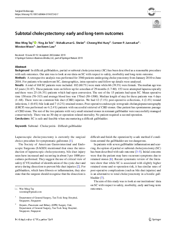 (PDF) Subtotal Cholecystectomy: Safety & Outcomes