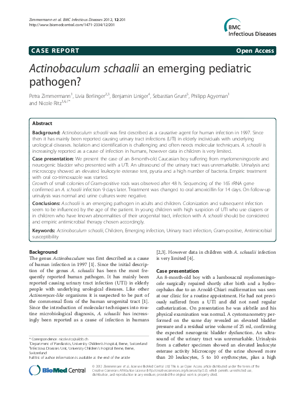 (PDF) Actinobaculum schaalii an emerging pediatric pathogen? | Philipp Agyeman - Academia.edu
