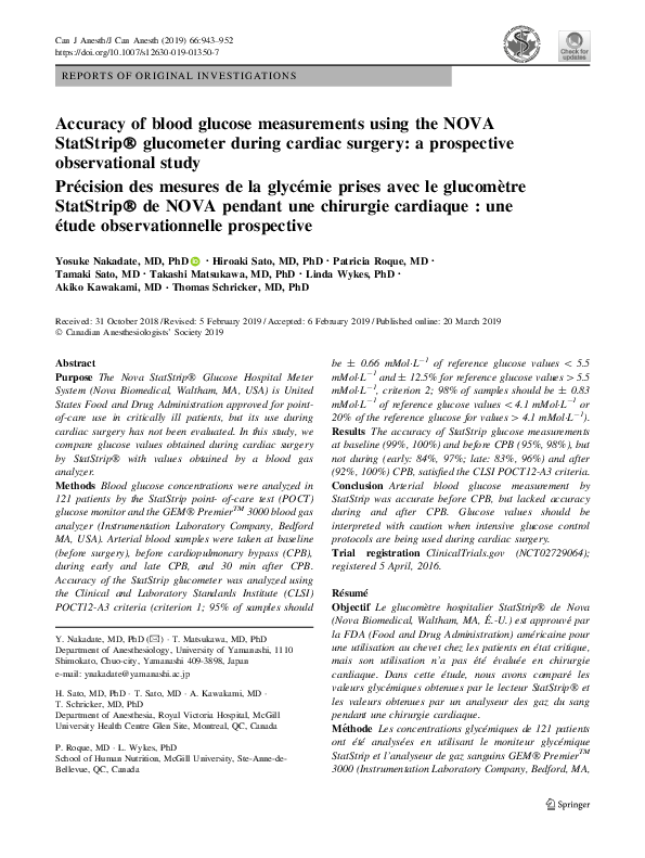 (PDF) Accuracy of blood glucose measurements using the NOVA StatStrip ...
