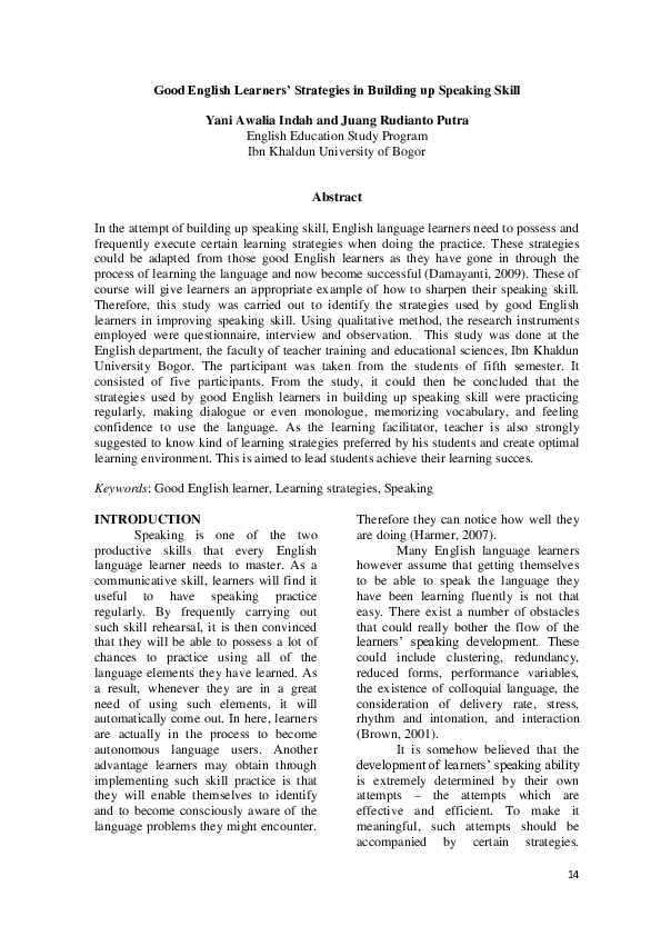 (PDF) Good English Learners’ Strategies in Building up Speaking Skill