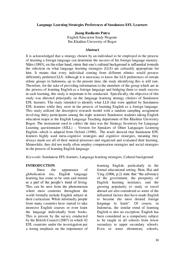 (PDF) Language Learning Strategies Preferences of Sundanese EFL Learners