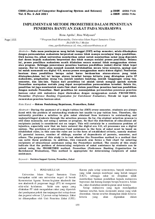(PDF) Implementasi Metode Promethee dalam Penentuan Penerima Bantuan Zakat pada Mahasiswa