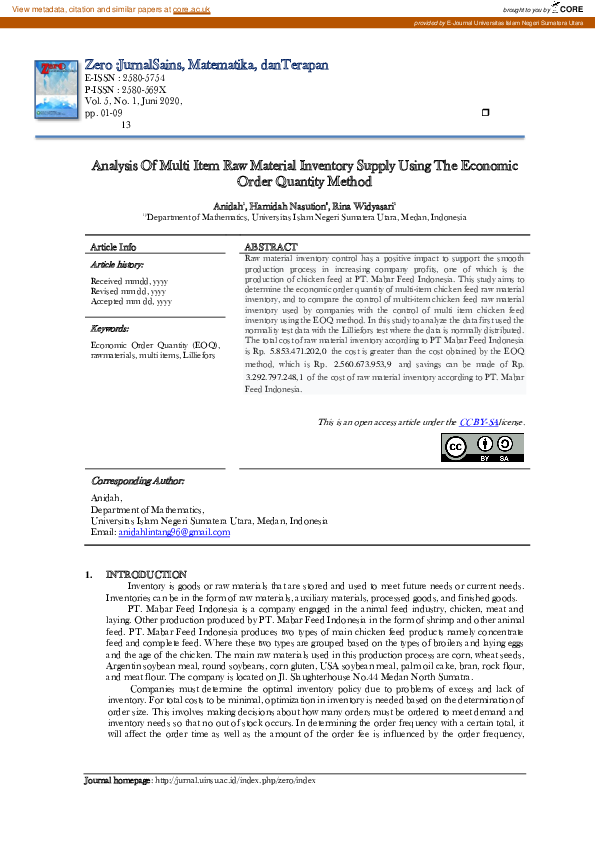 (PDF) Analysis Of Multi Item Raw Material Inventory Supply Using The Economic Order Quantity Method