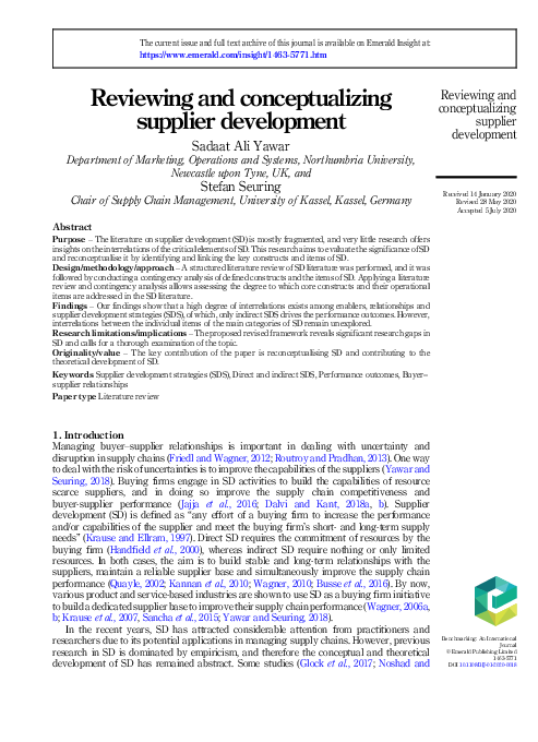 (PDF) Reviewing and conceptualizing supplier development