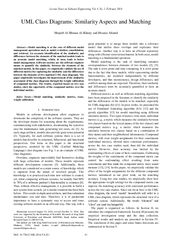 Pdf Uml Class Diagrams Similarity Aspects And Matching