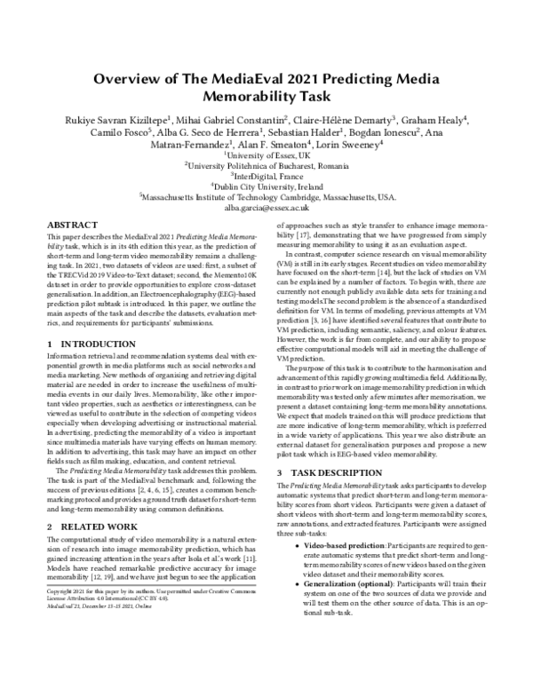 (PDF) Overview of The MediaEval 2021 Predicting Media Memorability Task | Camilo Fosco ...