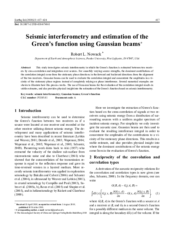(PDF) Seismic interferometry and estimation of the Green’s function using Gaussian beams ...