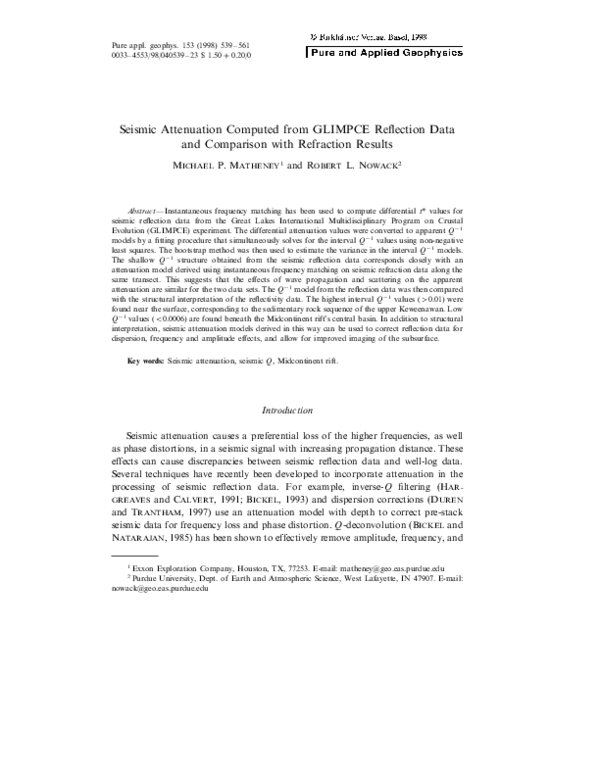 Pdf Seismic Attenuation Computed From Glimpce Reflection Data And