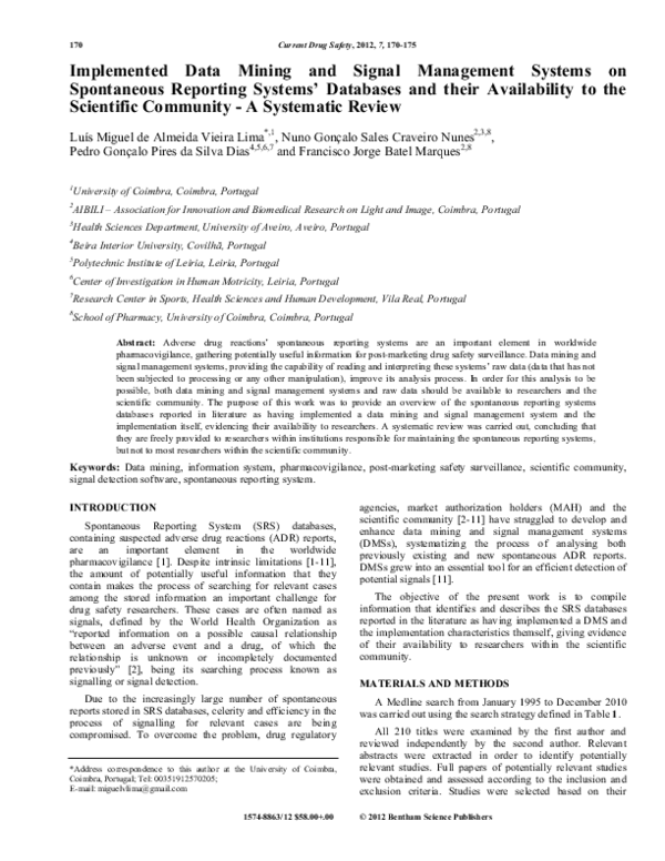 (PDF) Implemented Data Mining and Signal Management Systems on Spontaneous Reporting Systems ...