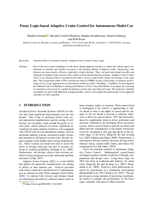 Pdf Fuzzy Logic Based Adaptive Cruise Control For Autonomous Model Car
