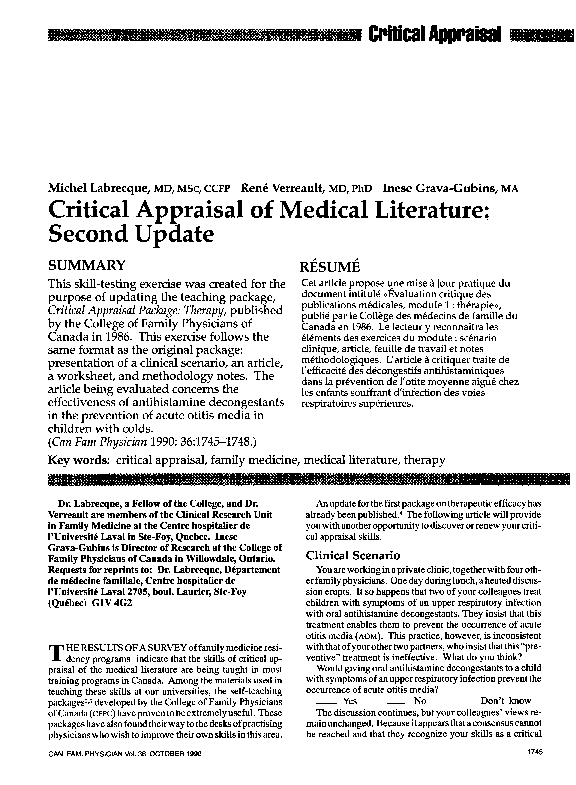 (PDF) Critical appraisal of medical literature: second update (PDF) Critical appraisal of medical literature: second update