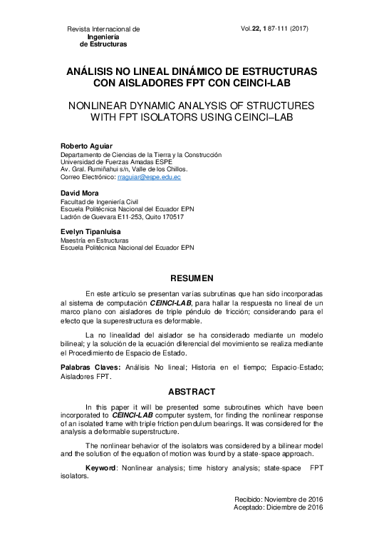 (PDF) Análisis No Lineal Dinámico De Estructuras Con Aisladores FPT Con Ceinci-Lab