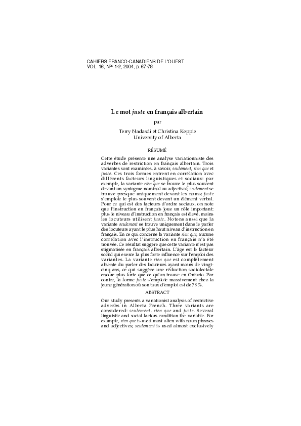 (PDF) Le mot juste en français albertain